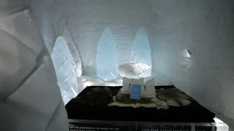 Ice room with bed and ice sculptures in ... | Stock Video | Pond5