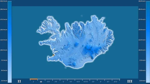 Iceland - wind speed, borders and cities | Stock Video | Pond5