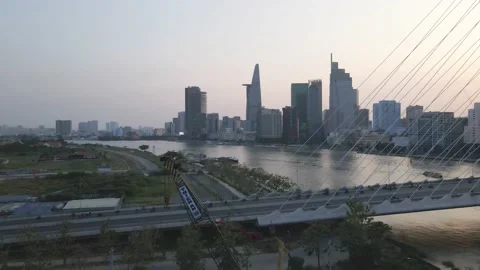 Iconic Ba Son bridge with drone view ove... | Stock Video | Pond5