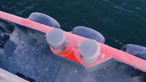 Icy deck, bollard and fender vessel | Stock Video | Pond5