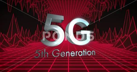 Image of 5g 5th generation text over ired glowing mesh and grid in ...