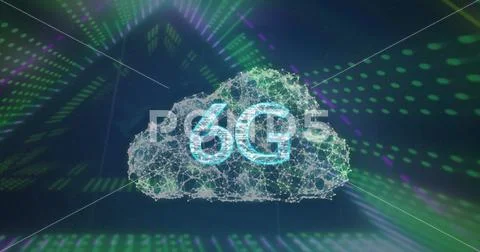Image of 6g text with digital cloud over neon light trails: Royalty Free #163085866
