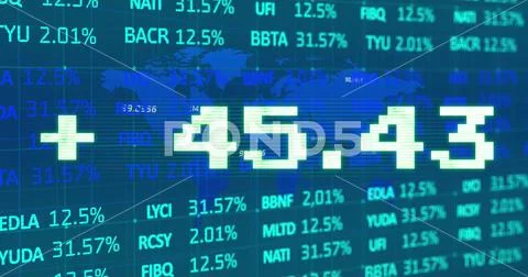 Image of addition symbol with numbers and trading board against map ...