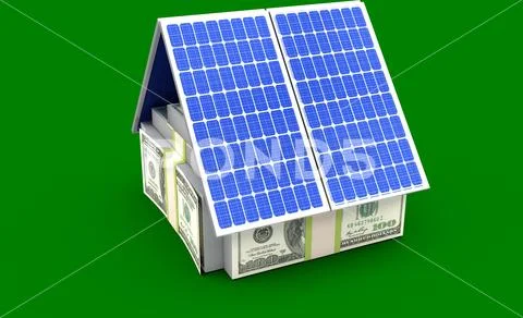 Image of blue solar panel roof on house made of dollar bill banknotes ...