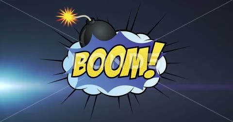 Image of boom text over light trail on black background: Graphic #196314333