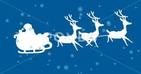 Image of falling snow over santa claus in sleigh with reindeer: Graphic ...