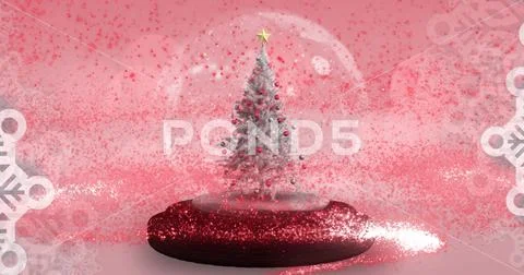 Image of falling stars over snow globe with christmas tree on pink ...