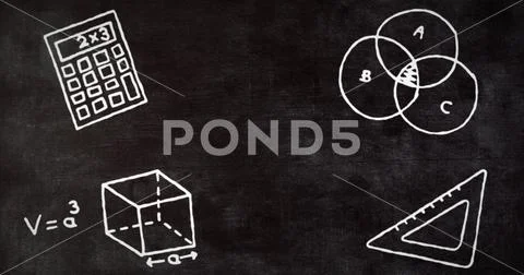 Image of multiple white mathematics pictograms on a black background ...