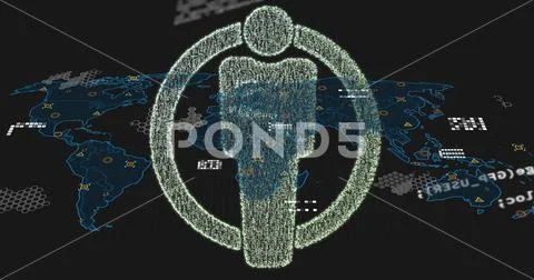 Image of profile icon over world map and data processing against black ...