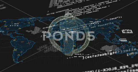 Image of profile icon over world map and data processing against black ...