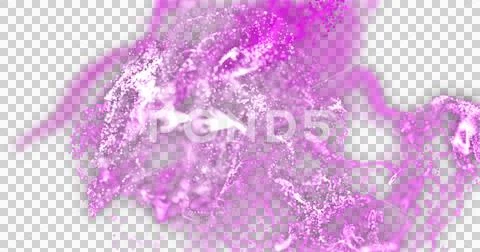 Image of purple smoke trail with particles flowing on white background ...