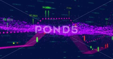 Image of purple wave pattern and green dots forming line graph over ...