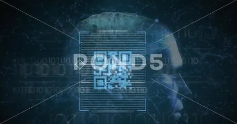 Image of qr code over binary code and human head model Illustration #230316932