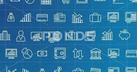Image of rows of business icons moving on blue background: Royalty Free ...