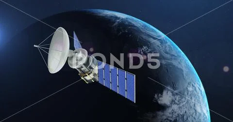 Image of satellite over globe spinning on blue background: Royalty Free ...