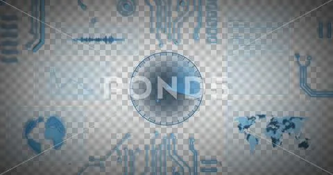 Image of scope scanning with world map, data processing and blue ...