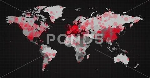 Image of the world map and countries turning red through circles in a ...