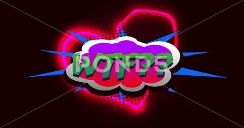Image of wtf text over neon heart on black background: Graphic #170068157