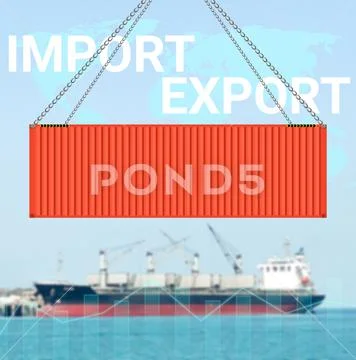 Import export word with world map and hanging cargo container on blur ...