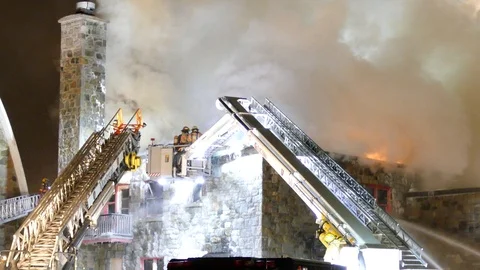 Impressive fire fighting scene at church... | Stock Video | Pond5