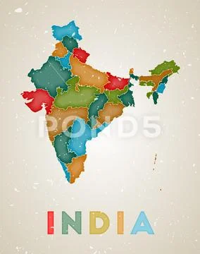 India map. Country poster with colored regions. Old grunge texture ...