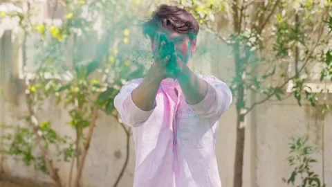 Indian Man Clapping Hands Full of Holi C... | Stock Video | Pond5