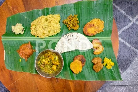 Indian traditional mithila region food served at banana leaf at ...