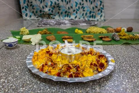 Indian traditional mithila region food served at banana leaf at ...