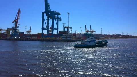 Industrial port with water barges and tr... | Stock Video | Pond5