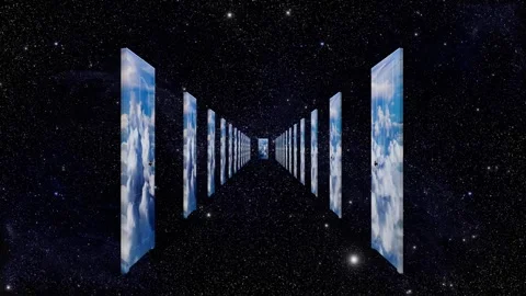 Infinite doors in space with sky texture... | Stock Video | Pond5