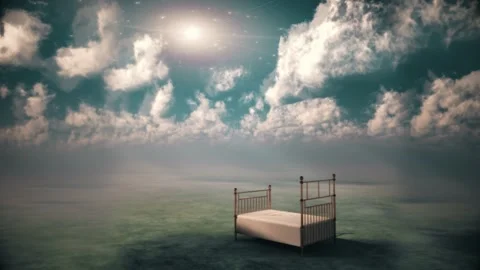 Infinite Dream. Bed in fantasy landscape | Stock Video | Pond5