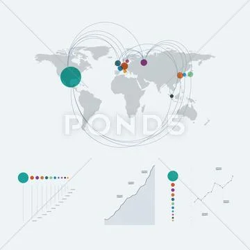 Infographics template with world map and line art graphs, charts. Data ...