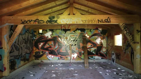 Inside an abandoned wooden house, graffi... | Stock Video | Pond5
