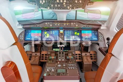 Inside of flight simulator cockpit - dashboard, autopilot, engine ...