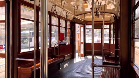 Inside view of vintage wooden tram in Mi... | Stock Video | Pond5