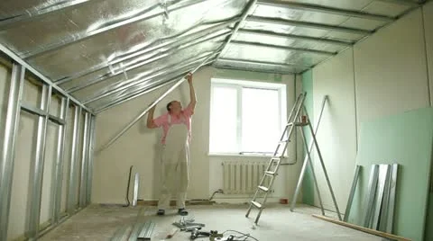 Installation of gypsum plasterboard ceil... | Stock Video | Pond5