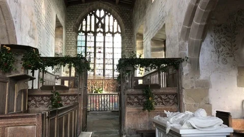 Interior of chapel at Haddon Hall. Tomb ... | Stock Video | Pond5