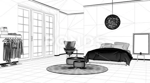 Interior design project, black and white ink sketch, architecture ...