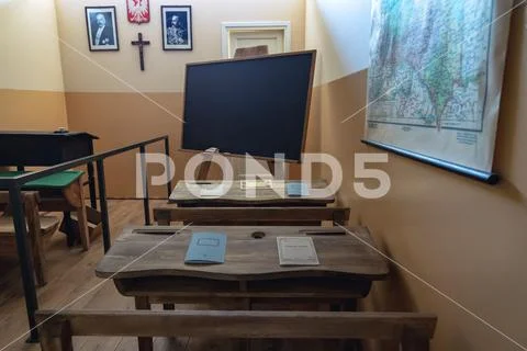 Photograph: Interior of old classroom, COP Museum of Central Industrial ...