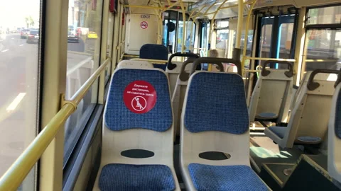 Interior of public bus with stickers on ... | Stock Video | Pond5