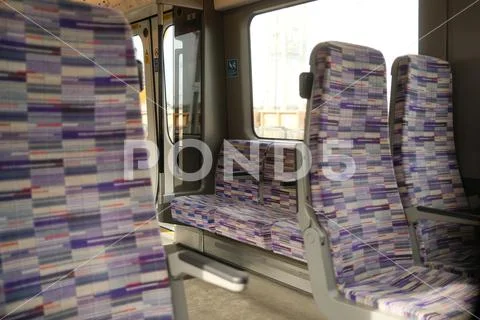 Photograph: Interior seating on an empty carriage of London's Elizabeth ...