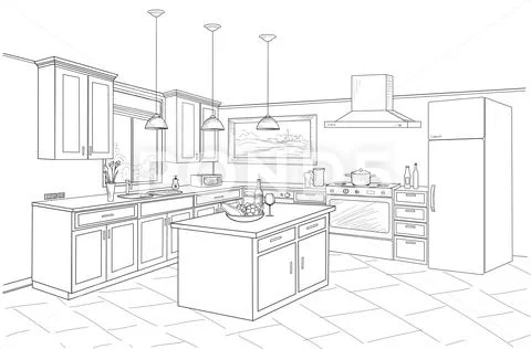 Interior sketch of kitchen room. Outline blueprint design of kitchen ...
