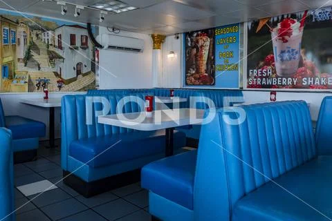 Interior view of a greek style restaurant - The Mad Greek Cafe Stock ...