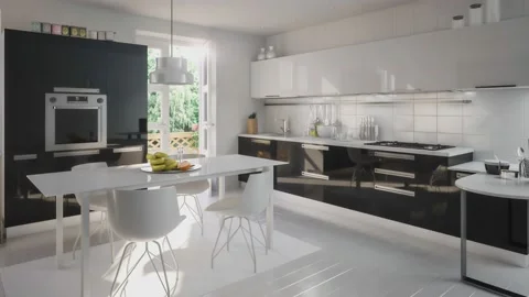 Interior view of a sunny modern kitchen ... | Stock Video | Pond5