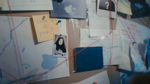 Investigator hanging murder victim photo... | Stock Video | Pond5