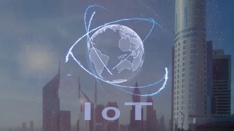 IoT text with 3d hologram of the planet ... | Stock Video | Pond5