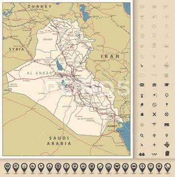 Iraq Road Map and map icons Stock Illustration ~ #131575240