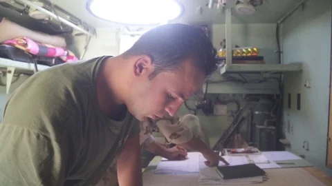 Iraqi soldiers work on graphs to calcula... | Stock Video | Pond5