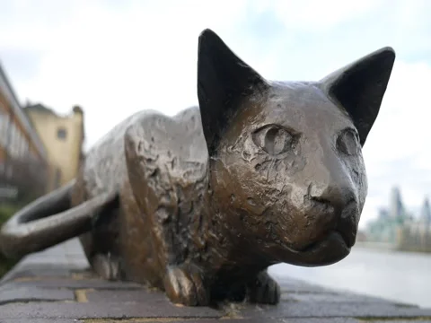 Iron statue of a cat on a brick fence. | Stock Video | Pond5