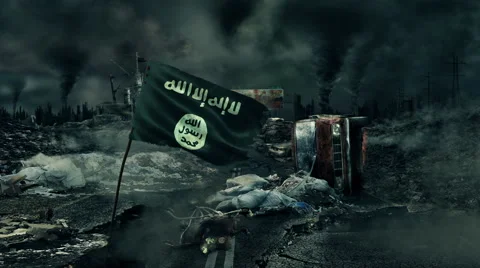 ISIS flag on the post-apocalyptic backgr... | Stock Video | Pond5
